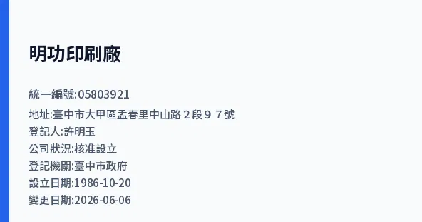 明功印刷廠的照片-統編 05803921(臺中市) 公司登記資料與營業項目詳細圖表