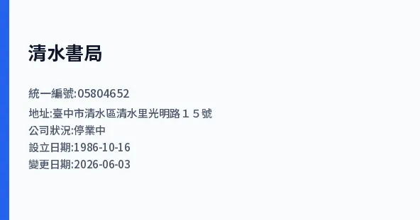 清水書局的照片-統編 05804652(臺中市) 公司登記資料與營業項目詳細圖表