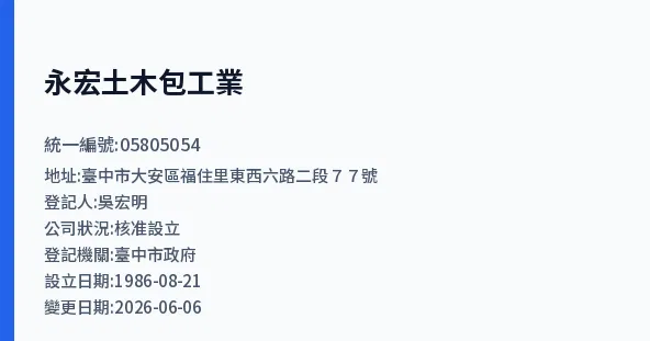 永宏土木包工業的照片-統編 05805054(臺中市) 公司登記資料與營業項目詳細圖表
