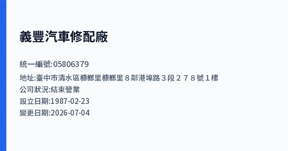 義豐汽車修配廠的照片-統編 05806379(臺中市) 公司登記資料與營業項目詳細圖表