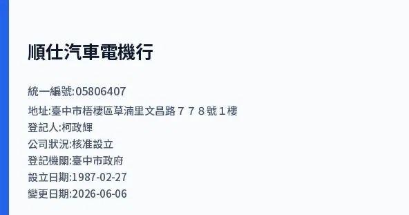 順仕汽車電機行的照片-統編 05806407(臺中市) 公司登記資料與營業項目詳細圖表