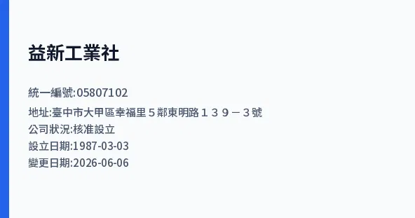 益新工業社的照片-統編 05807102(臺中市) 公司登記資料與營業項目詳細圖表