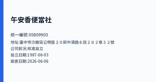 午安香便當社的照片-統編 05809903(臺中市) 公司登記資料與營業項目詳細圖表
