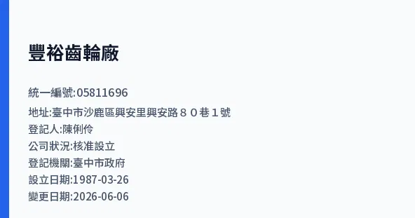 豐裕齒輪廠的照片-統編 05811696(臺中市) 公司登記資料與營業項目詳細圖表