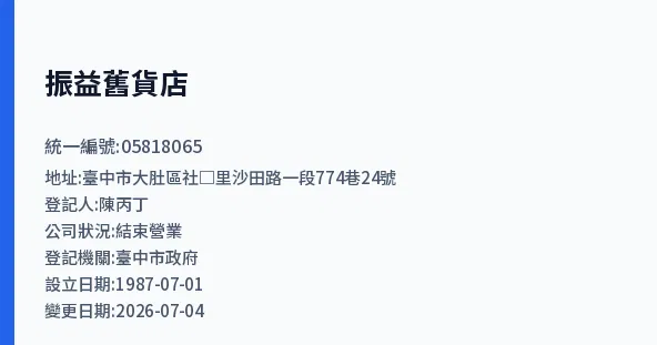 振益舊貨店的照片-統編 05818065(臺中市) 公司登記資料與營業項目詳細圖表