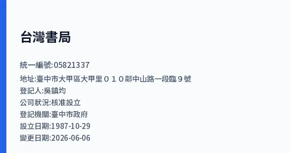 台灣書局的照片-統編 05821337(臺中市) 公司登記資料與營業項目詳細圖表