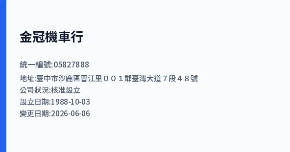 金冠機車行的照片-統編 05827888(臺中市) 公司登記資料與營業項目詳細圖表