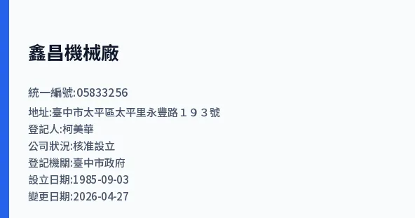 鑫昌機械廠的照片-統編 05833256(臺中市) 公司登記資料與營業項目詳細圖表