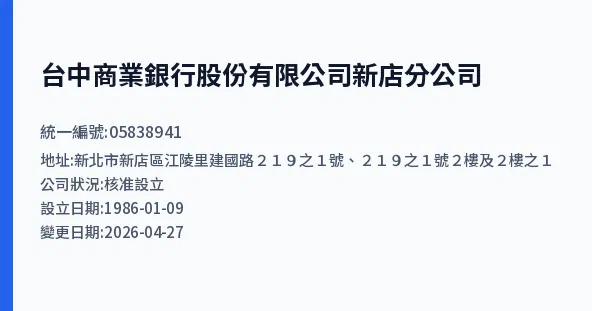 台中商業銀行股份有限公司新店分公司的照片-統編 05838941(新北市) 公司登記資料與營業項目詳細圖表