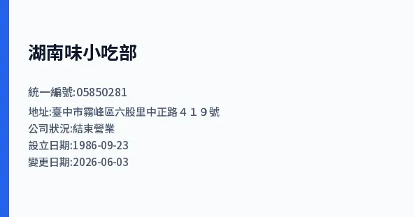湖南味小吃部的照片-統編 05850281(臺中市) 公司登記資料與營業項目詳細圖表