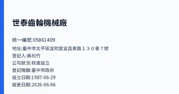 世泰齒輪機械廠的照片-統編 05861409(臺中市) 公司登記資料與營業項目詳細圖表