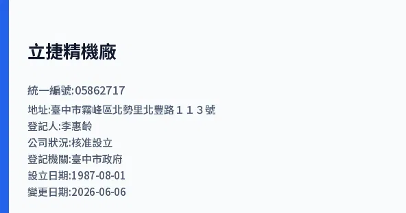 立捷精機廠的照片-統編 05862717(臺中市) 公司登記資料與營業項目詳細圖表