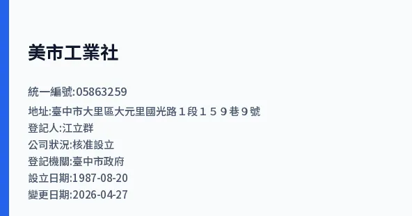 美市工業社的照片-統編 05863259(臺中市) 公司登記資料與營業項目詳細圖表