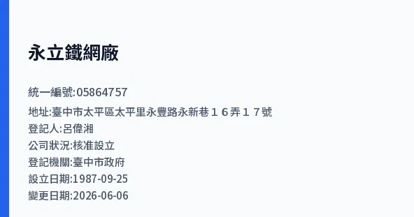 永立鐵網廠的照片-統編 05864757(臺中市) 公司登記資料與營業項目詳細圖表