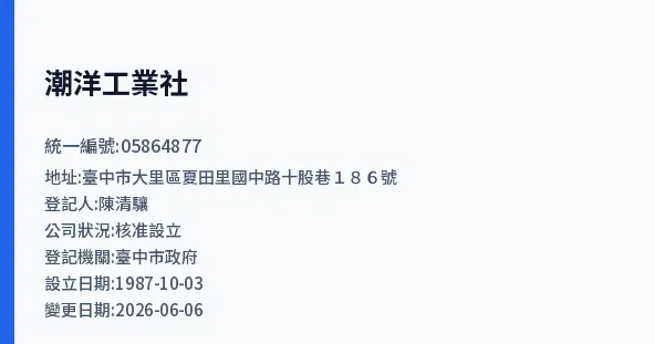 潮洋工業社的照片-統編 05864877(臺中市) 公司登記資料與營業項目詳細圖表