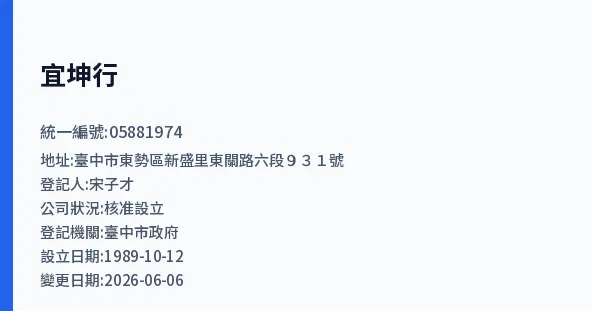 宜坤行的照片-統編 05881974(臺中市) 公司登記資料與營業項目詳細圖表