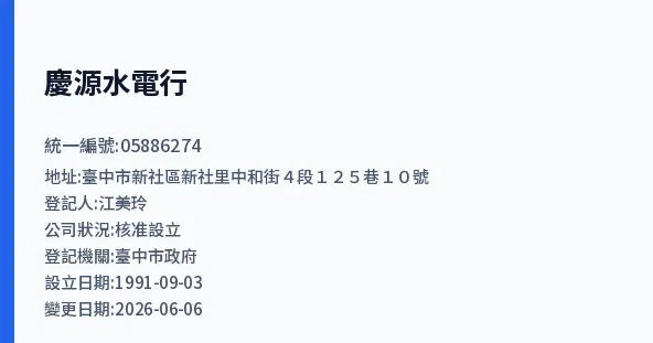 慶源水電行的照片-統編 05886274(臺中市) 公司登記資料與營業項目詳細圖表