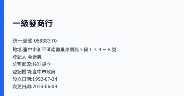 一級發商行的照片-統編 05888370(臺中市) 公司登記資料與營業項目詳細圖表