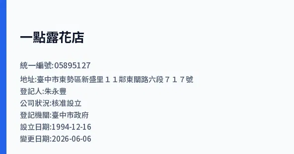 一點露花店的照片-統編 05895127(臺中市) 公司登記資料與營業項目詳細圖表