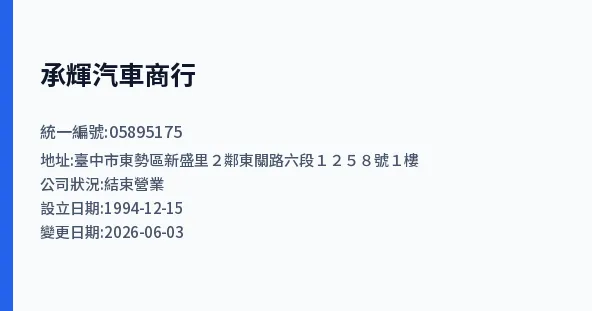 承輝汽車商行的照片-統編 05895175(臺中市) 公司登記資料與營業項目詳細圖表