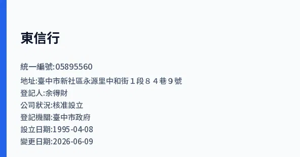 東信行的照片-統編 05895560(臺中市) 公司登記資料與營業項目詳細圖表