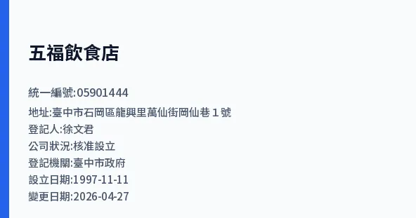 五福飲食店的照片-統編 05901444(臺中市) 公司登記資料與營業項目詳細圖表