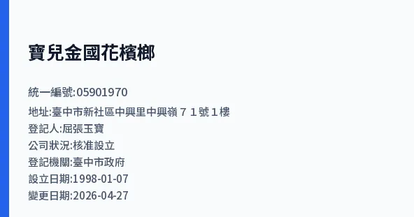 寶兒金國花檳榔的照片-統編 05901970(臺中市) 公司登記資料與營業項目詳細圖表