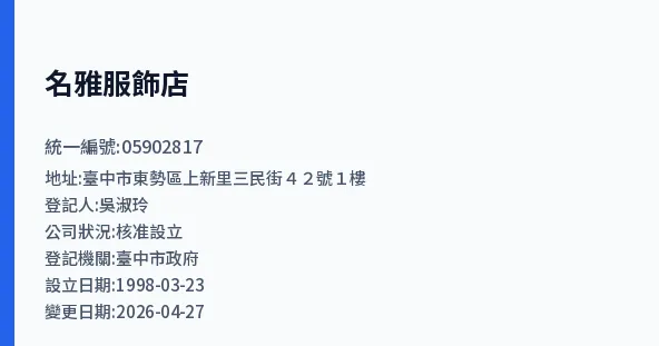 名雅服飾店的照片-統編 05902817(臺中市) 公司登記資料與營業項目詳細圖表