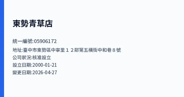 東勢青草店的照片-統編 05906172(臺中市) 公司登記資料與營業項目詳細圖表