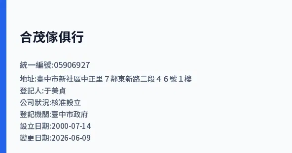 合茂傢俱行的照片-統編 05906927(臺中市) 公司登記資料與營業項目詳細圖表