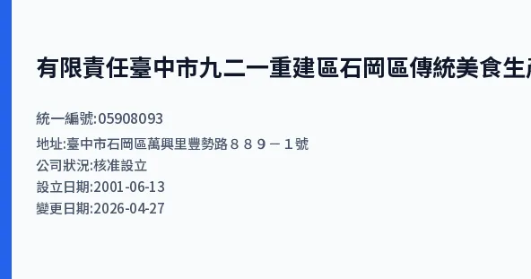 有限責任臺中市九二一重建區石岡區傳統美食生產合作社的照片-統編 05908093(臺中市) 公司登記資料與營業項目詳細圖表