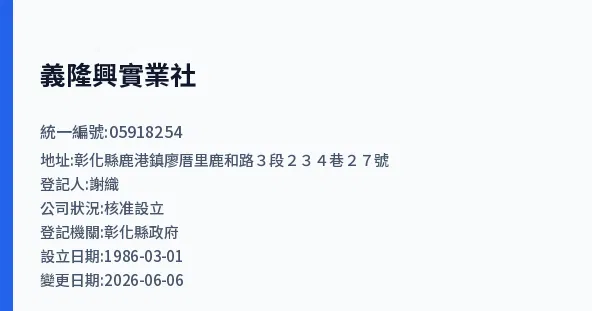 義隆興實業社的照片-統編 05918254(彰化縣) 公司登記資料與營業項目詳細圖表