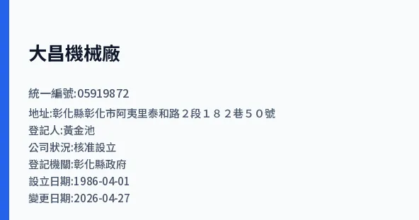 大昌機械廠的照片-統編 05919872(彰化縣) 公司登記資料與營業項目詳細圖表