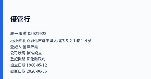 優管行的照片-統編 05921928(彰化縣) 公司登記資料與營業項目詳細圖表