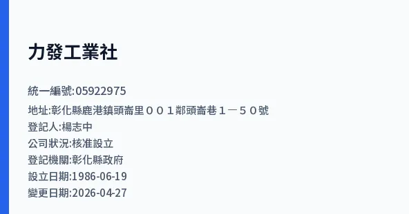 力發工業社的照片-統編 05922975(彰化縣) 公司登記資料與營業項目詳細圖表