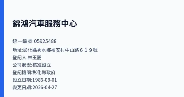 錦鴻汽車服務中心的照片-統編 05925488(彰化縣) 公司登記資料與營業項目詳細圖表