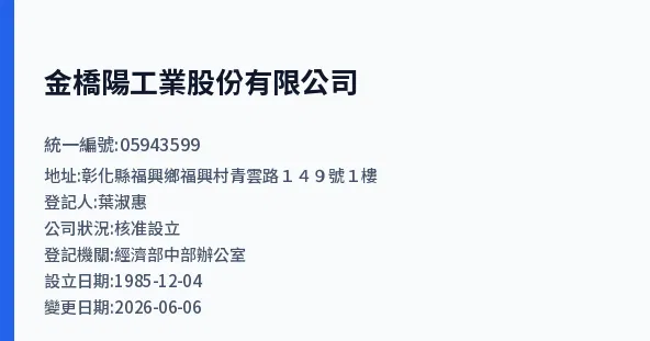 金橋陽工業股份有限公司的照片-統編 05943599(彰化縣) 公司登記資料與營業項目詳細圖表