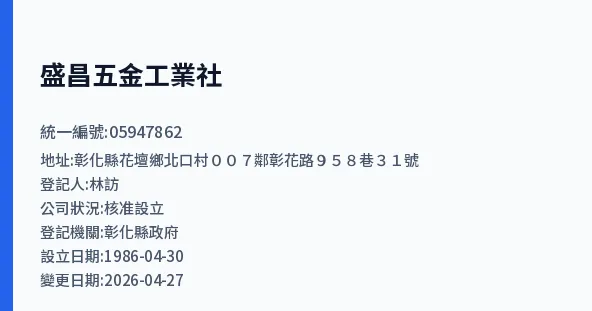 盛昌五金工業社的照片-統編 05947862(彰化縣) 公司登記資料與營業項目詳細圖表