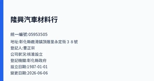 隆興汽車材料行的照片-統編 05953505(彰化縣) 公司登記資料與營業項目詳細圖表