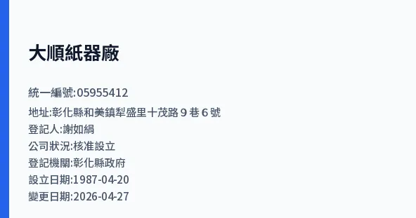 大順紙器廠的照片-統編 05955412(彰化縣) 公司登記資料與營業項目詳細圖表