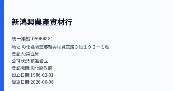 新鴻興農產資材行的照片-統編 05964881(彰化縣) 公司登記資料與營業項目詳細圖表