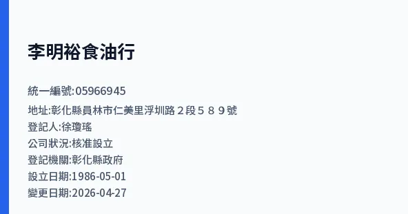 李明裕食油行的照片-統編 05966945(彰化縣) 公司登記資料與營業項目詳細圖表