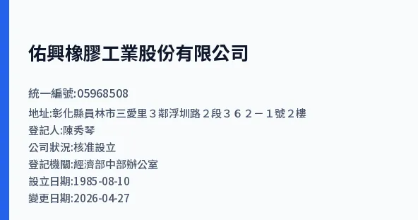 佑興橡膠工業股份有限公司的照片-統編 05968508(彰化縣) 公司登記資料與營業項目詳細圖表