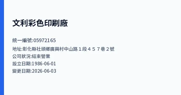 文利彩色印刷廠的照片-統編 05972165(彰化縣) 公司登記資料與營業項目詳細圖表