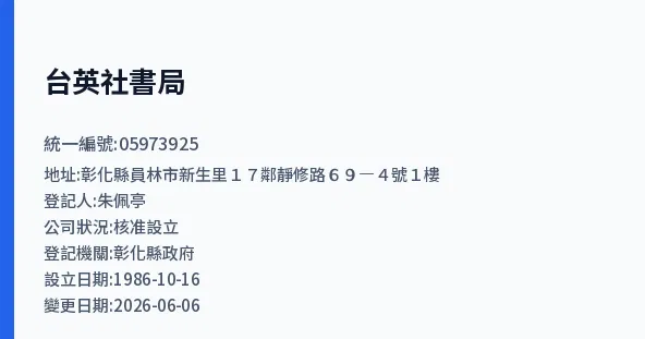 台英社書局的照片-統編 05973925(彰化縣) 公司登記資料與營業項目詳細圖表