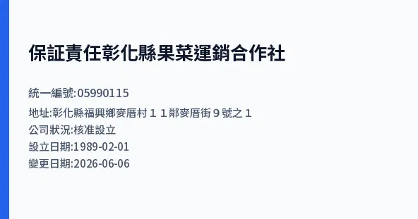 保証責任彰化縣果菜運銷合作社的照片-統編 05990115(彰化縣) 公司登記資料與營業項目詳細圖表