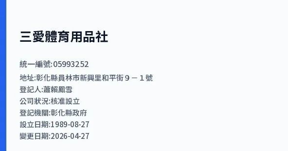 三愛體育用品社的照片-統編 05993252(彰化縣) 公司登記資料與營業項目詳細圖表