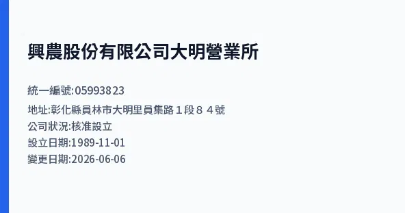 興農股份有限公司大明營業所的照片-統編 05993823(彰化縣) 公司登記資料與營業項目詳細圖表