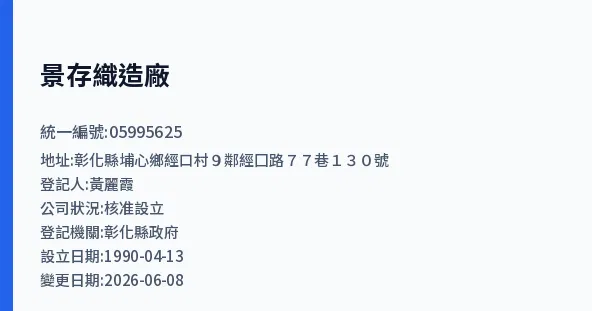 景存織造廠的照片-統編 05995625(彰化縣) 公司登記資料與營業項目詳細圖表