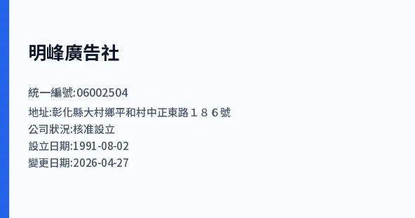 明峰廣告社的照片-統編 06002504(彰化縣) 公司登記資料與營業項目詳細圖表
